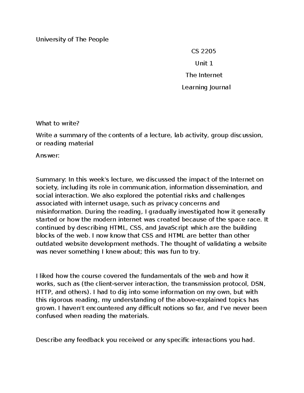 Cs2205 learning journal unit1 - University of The People CS 2205 Unit 1 ...