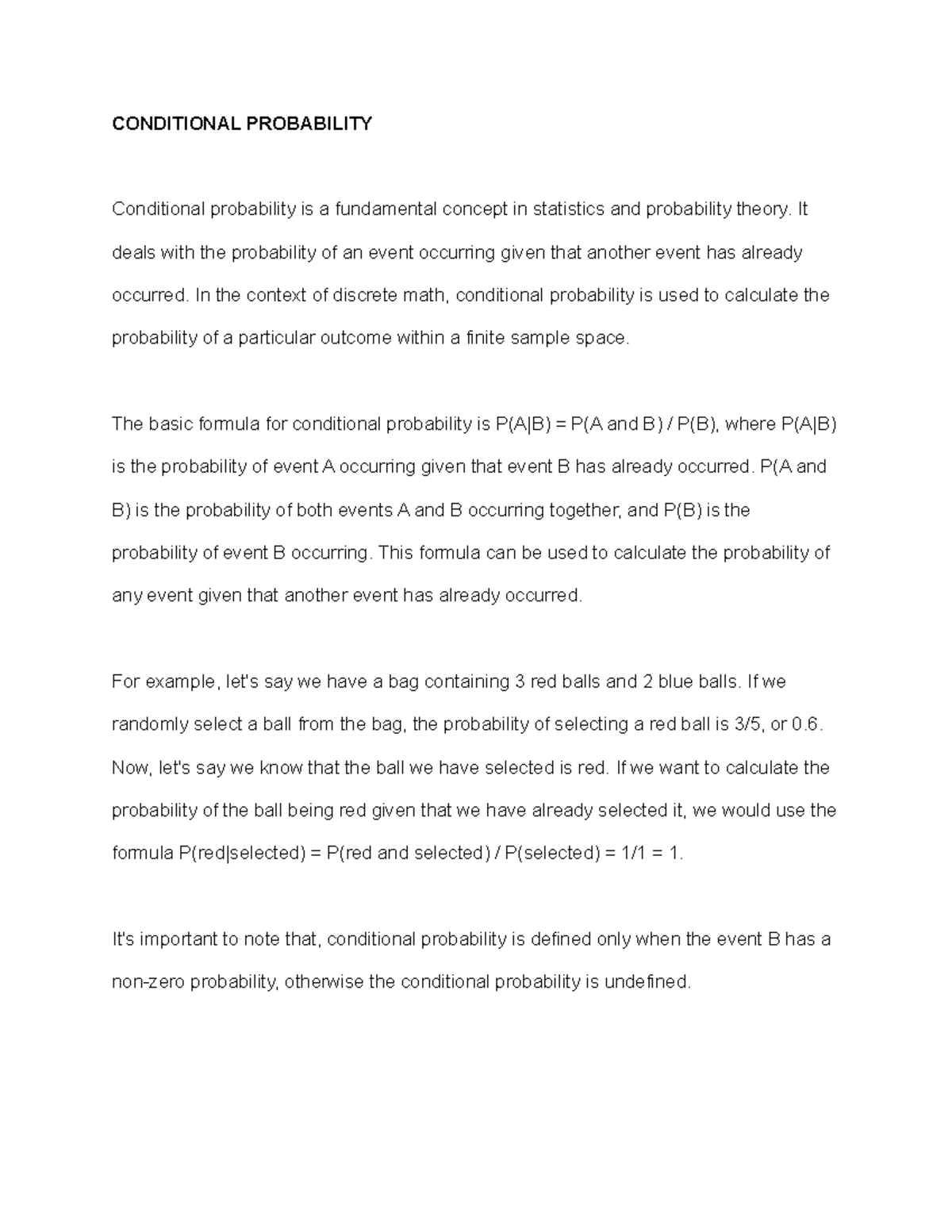 Conditional Probability Summary - CONDITIONAL PROBABILITY Conditional probability is a ...