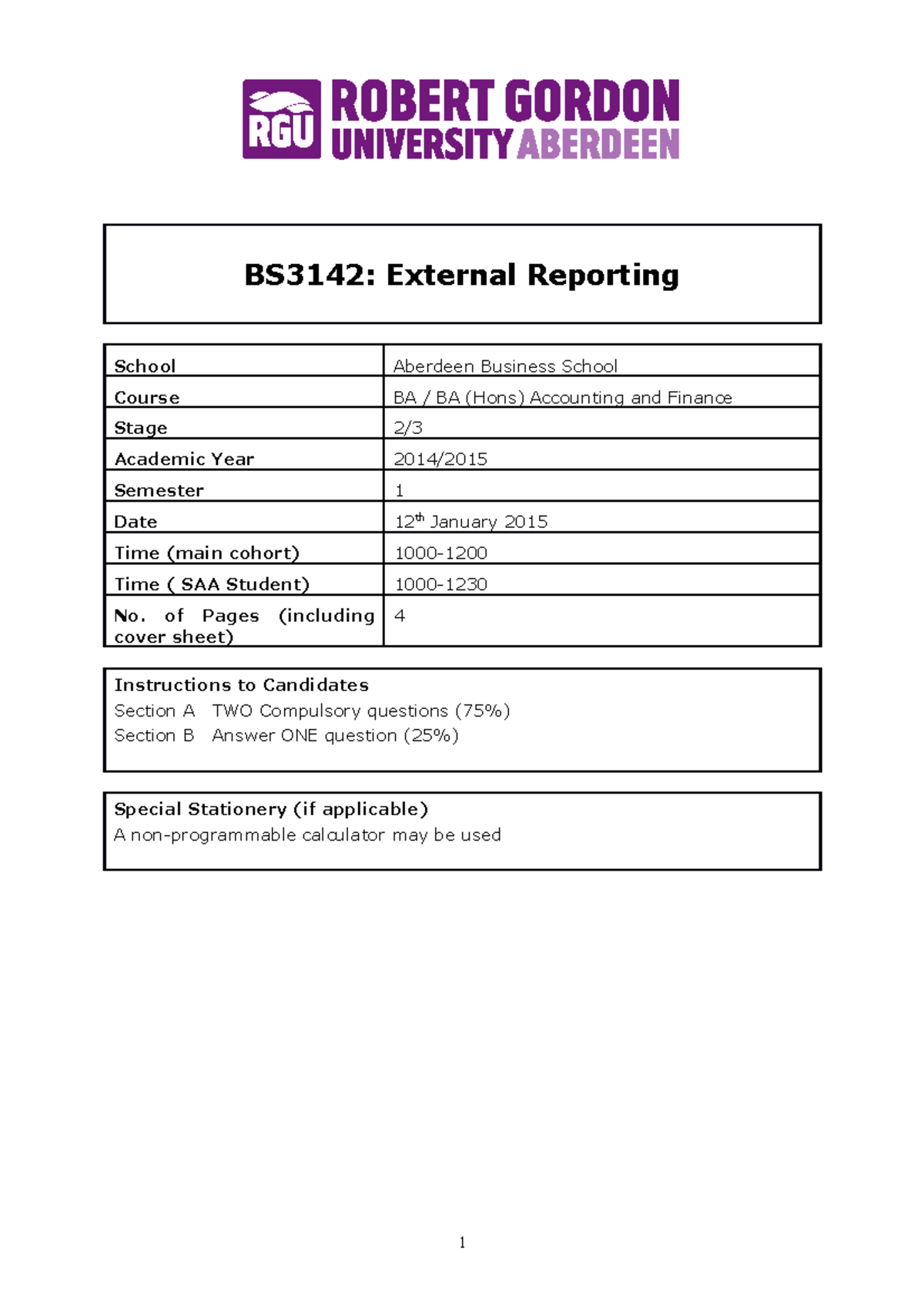 External Reporting Exam - BS3142: External Reporting School Aberdeen ...