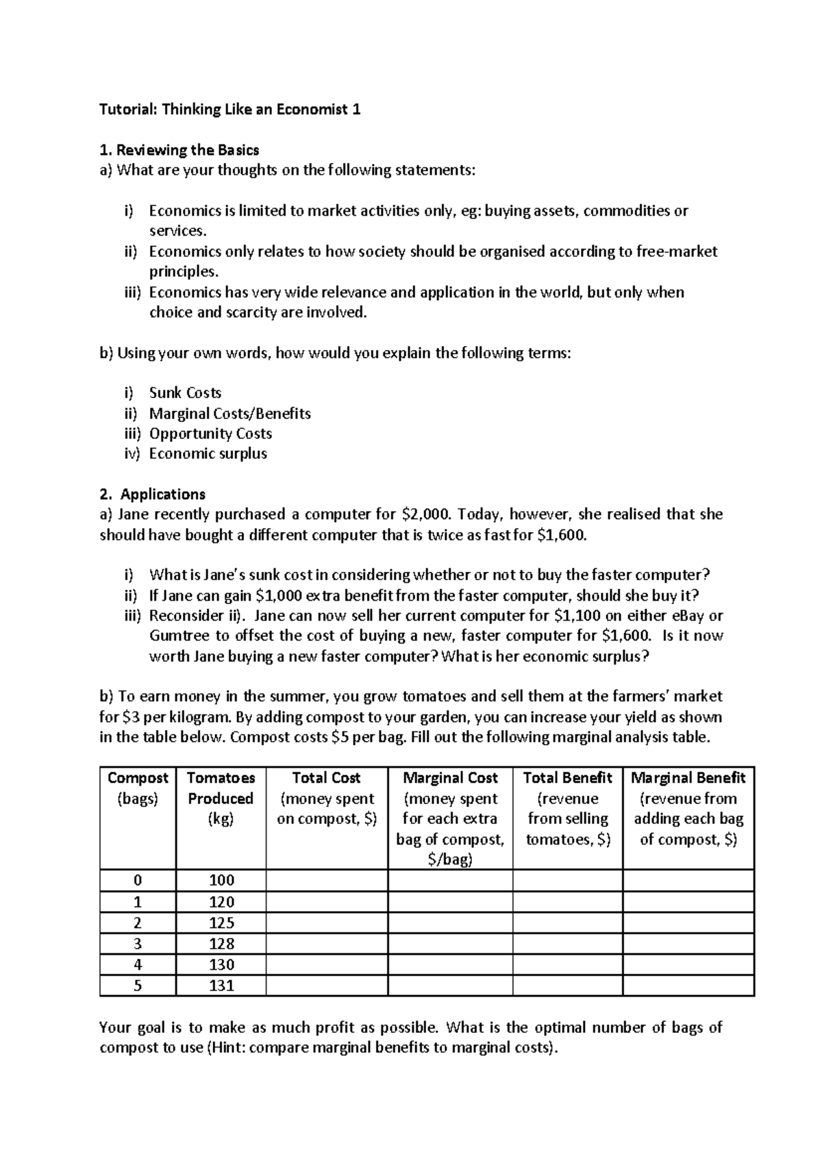 Tutorial 1 Questions Thinking like an Economist - Tutorial: Thinking ...
