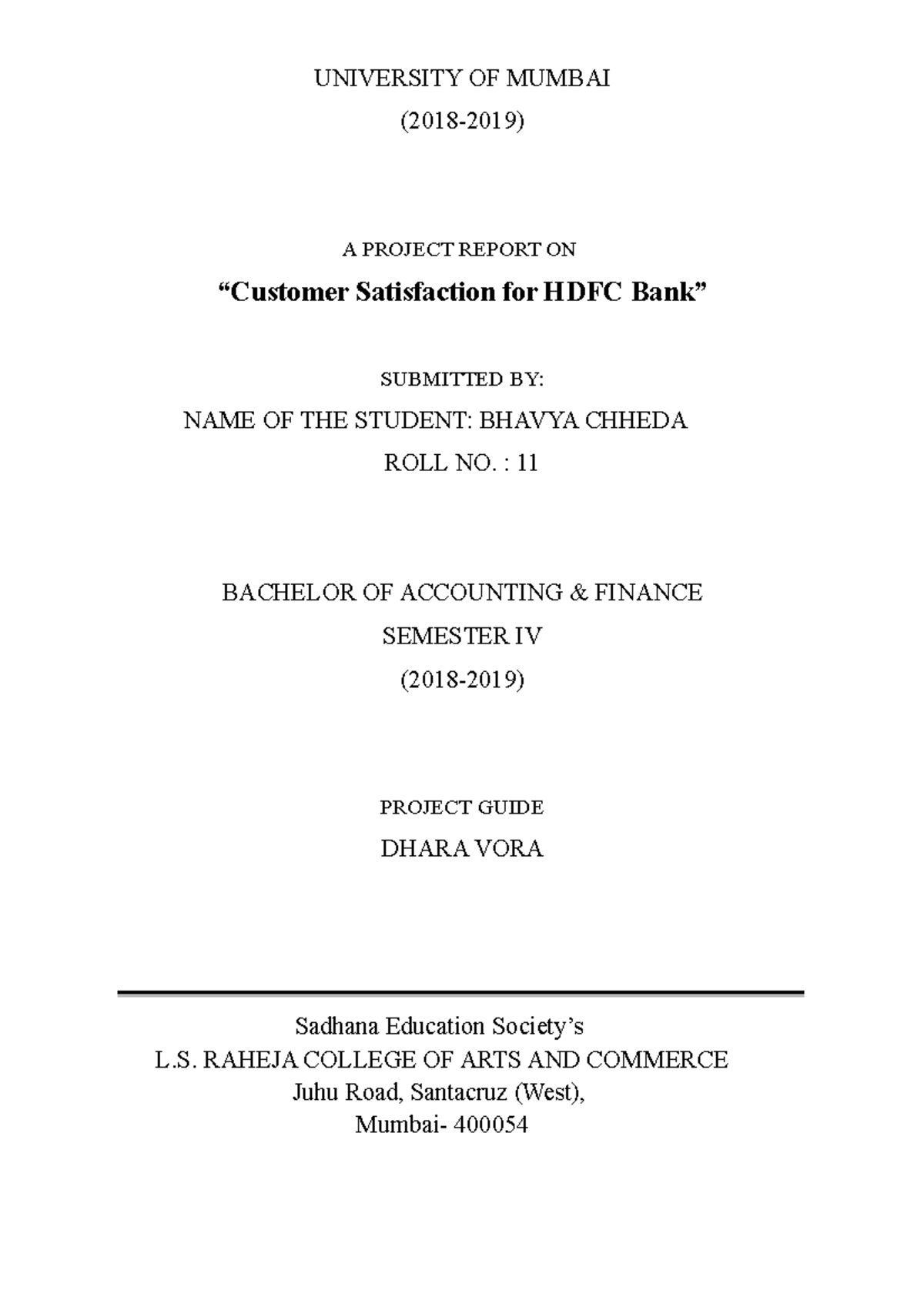 Black Book HDFC Bank (1) - UNIVERSITY OF MUMBAI (2018-2019) A PROJECT ...