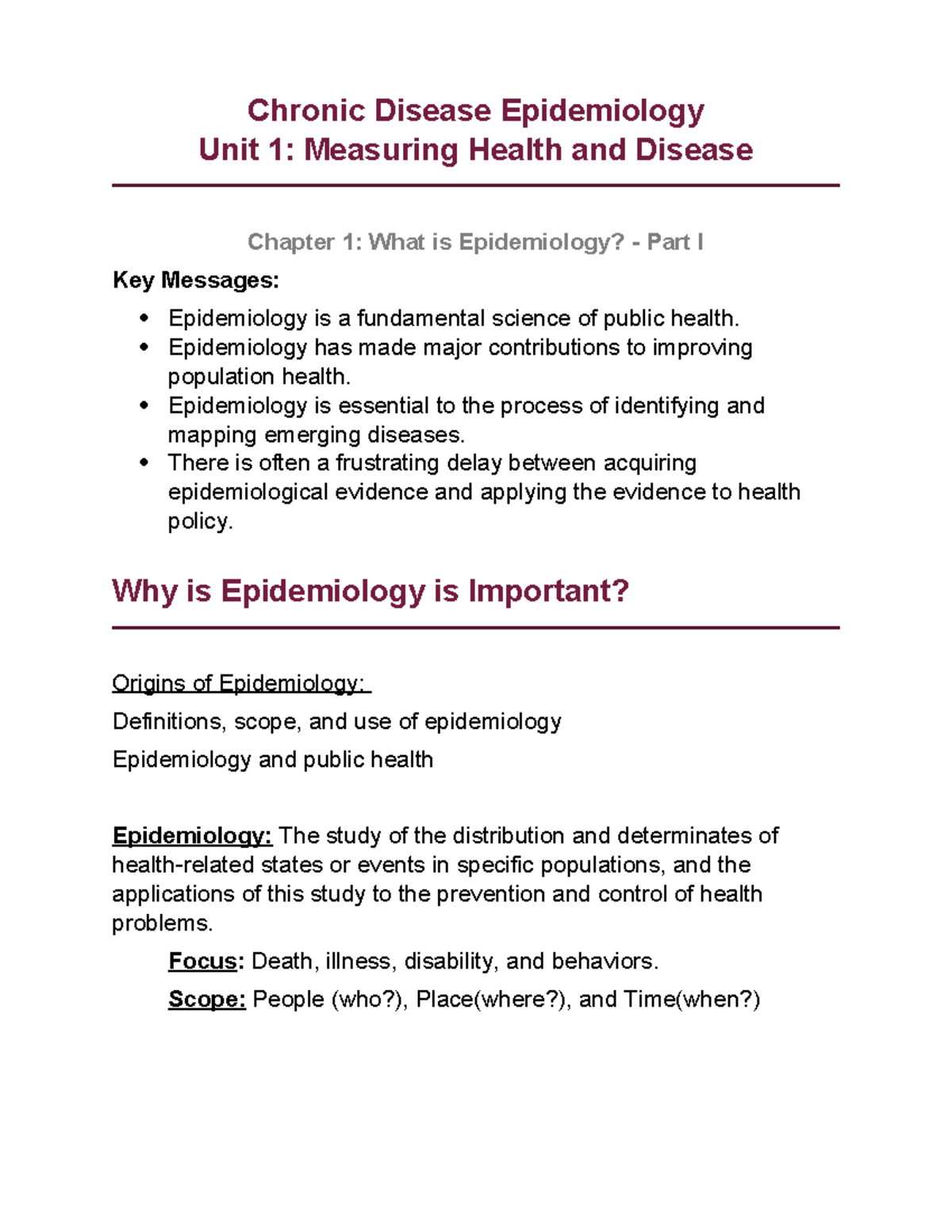 CDE- Exam 1 - Chronic Disease Epidemiology Unit 1: Measuring Health and ...