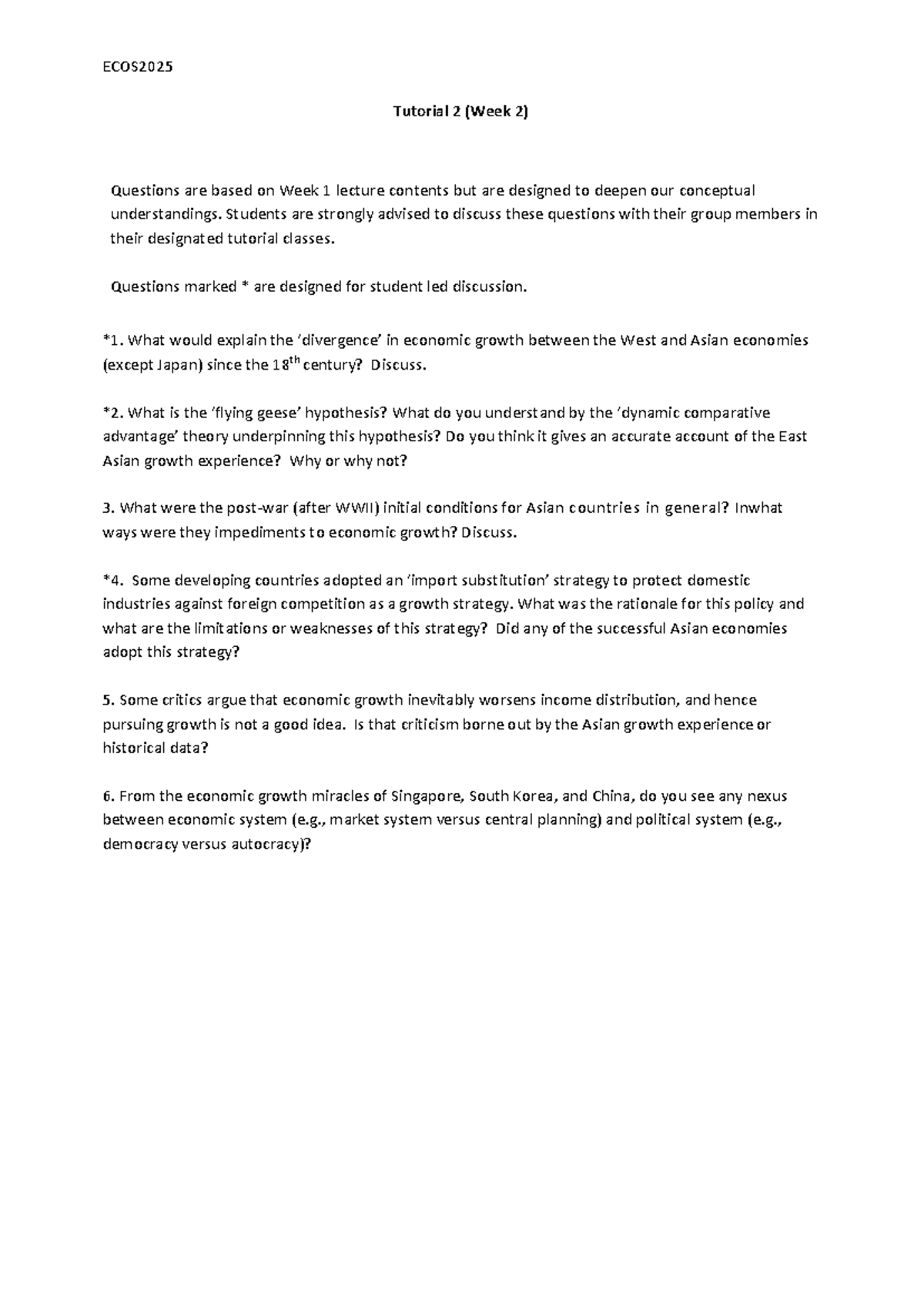 Tutorial 2 - ECOS Tutorial 2 (Week 2) Questions are based on Week 1 ...