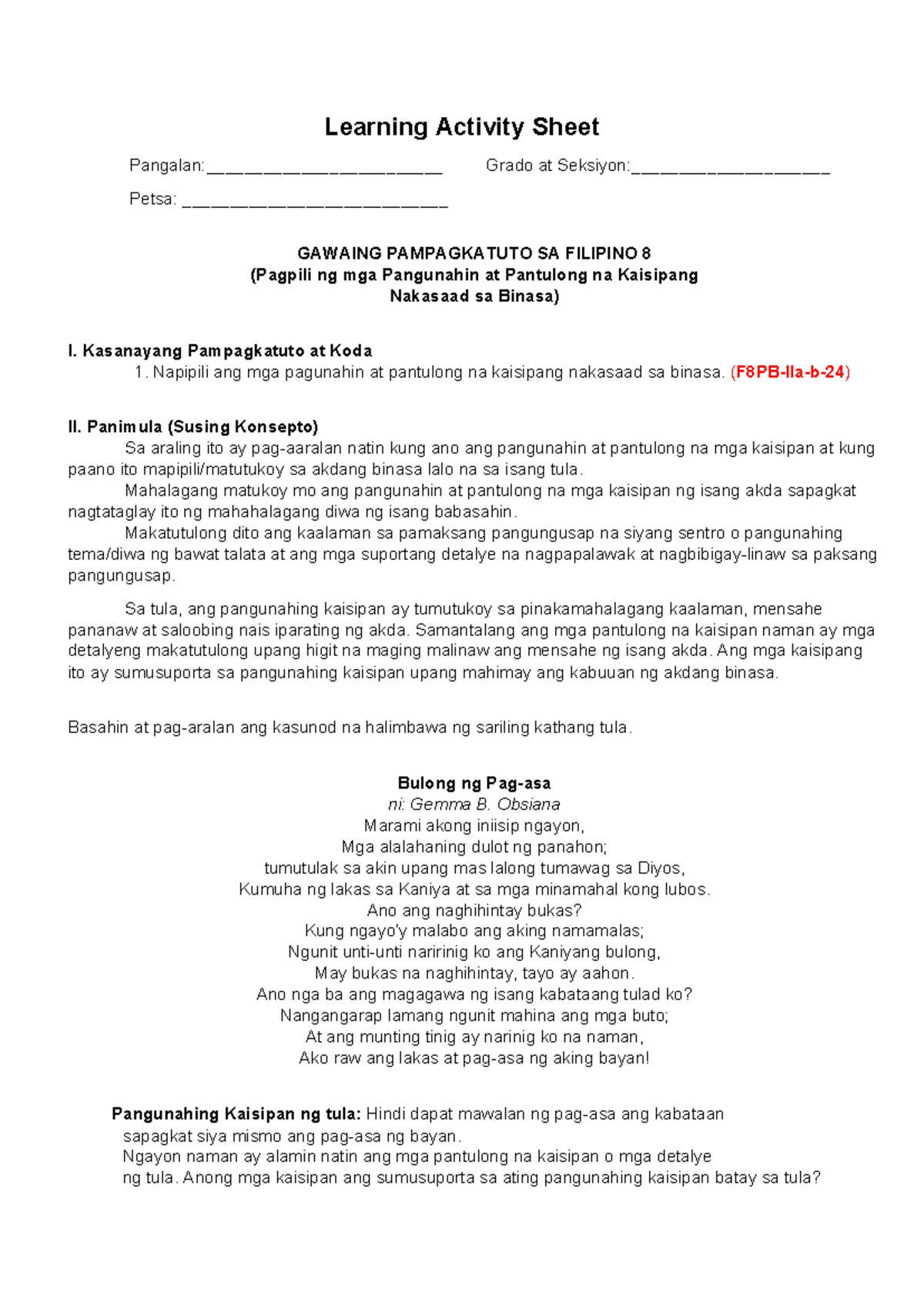 LAS-FIL8 - Learning Activity Sheet Pangalan:_________________________ Grado at - Studocu