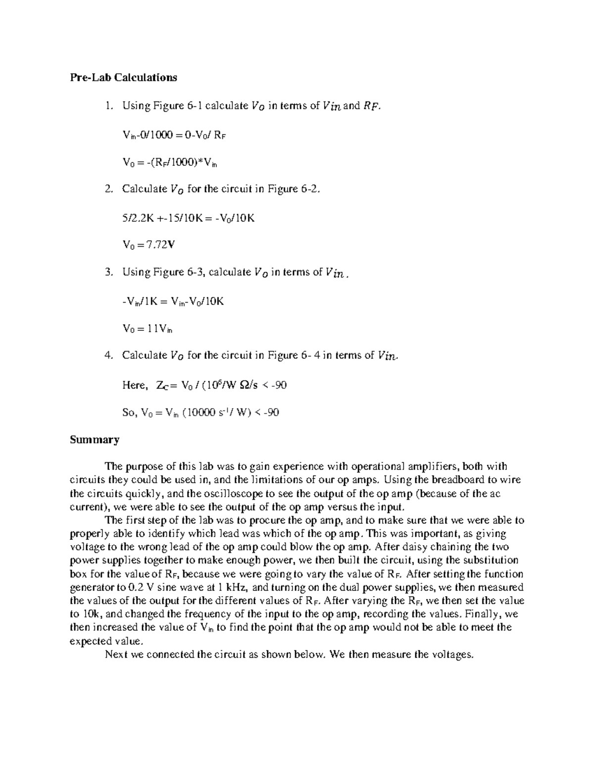 Lab 4 - ECE 2110 - Lab report on operational amplifier circuits. - Pre ...