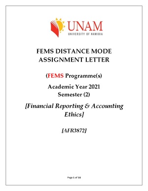 AFE3871 assignment 1 - UNIVERSITY OF NAMIBIA EXAMINATIONS DISTANCE ...