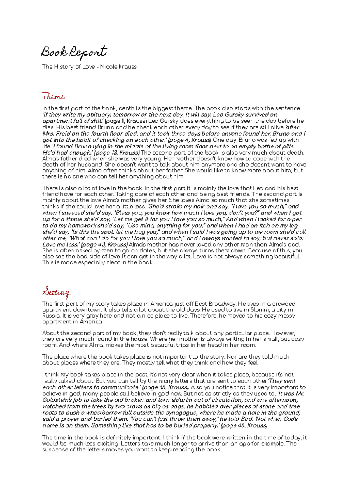Book Report - The History of Love - Book Report The History of Love ...