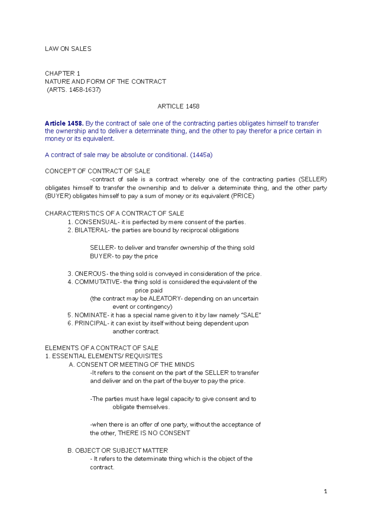 LAW ON Sales Notes Albert - LAW ON SALES CHAPTER 1 NATURE AND FORM OF ...
