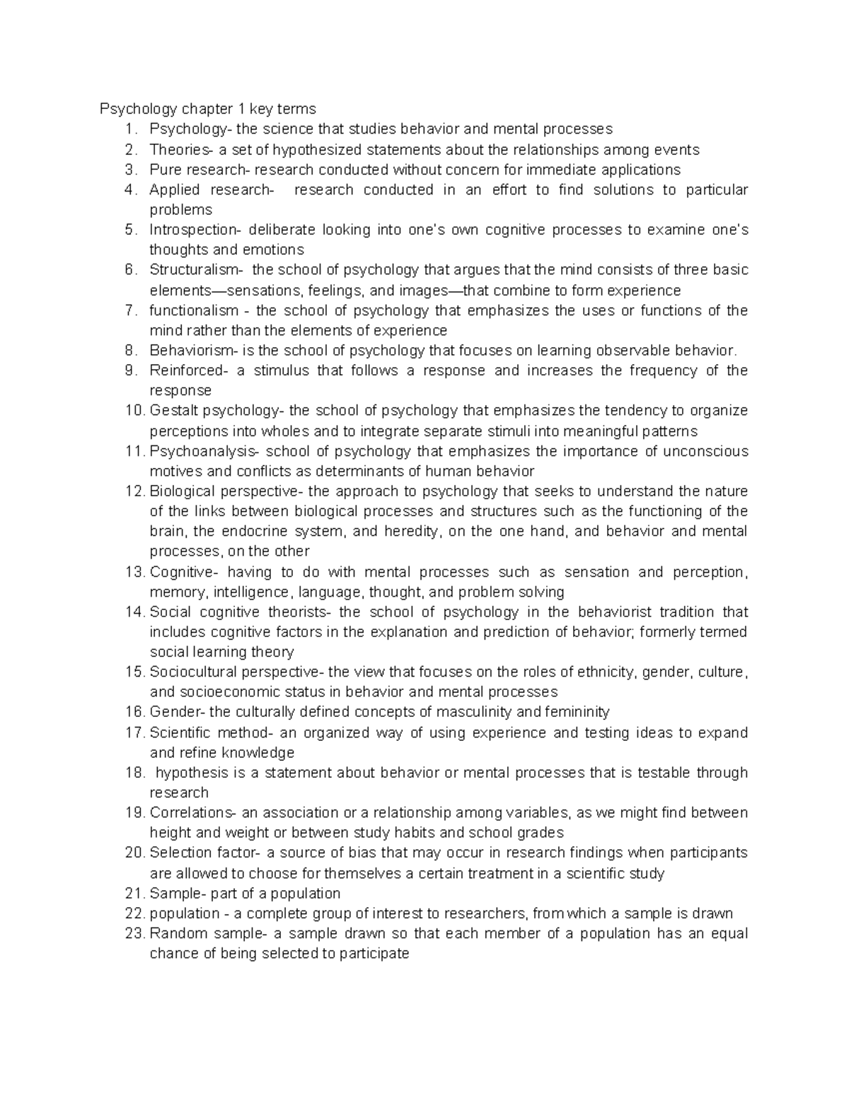 Psych definitions chapter 1 - Psychology chapter 1 key terms 1 ...