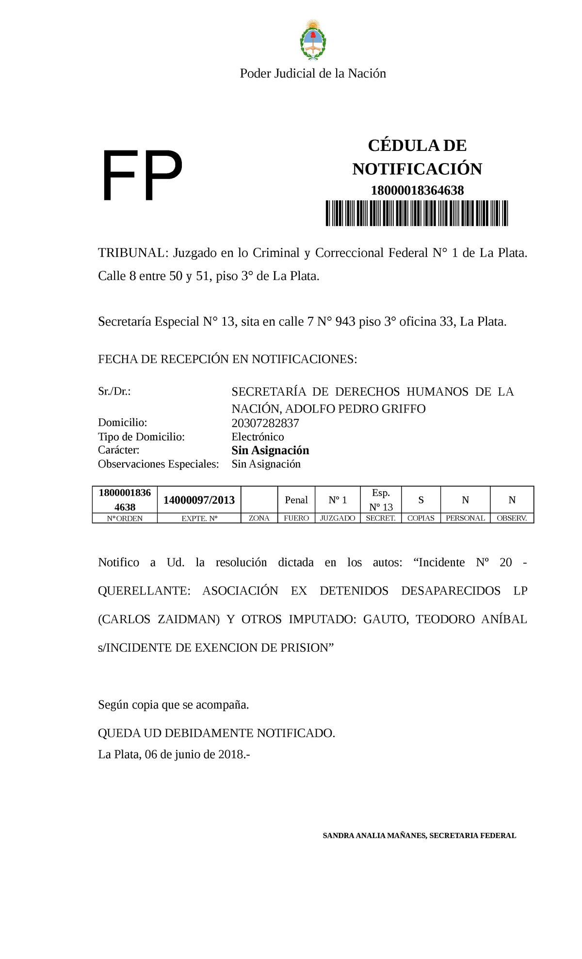 Cedulas - Poder Judicial de la Nación FP CÉDULA DE NOTIFICACIÓN ...
