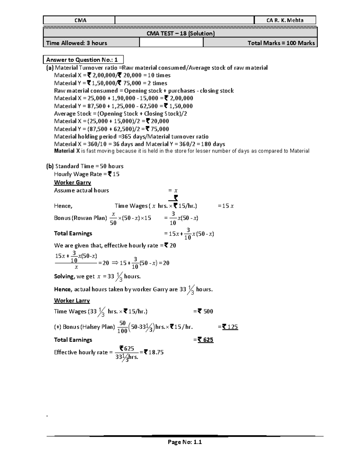 Costing test 18 solution 13 oct 2019 - Answer to Question No.: 1 (a ...
