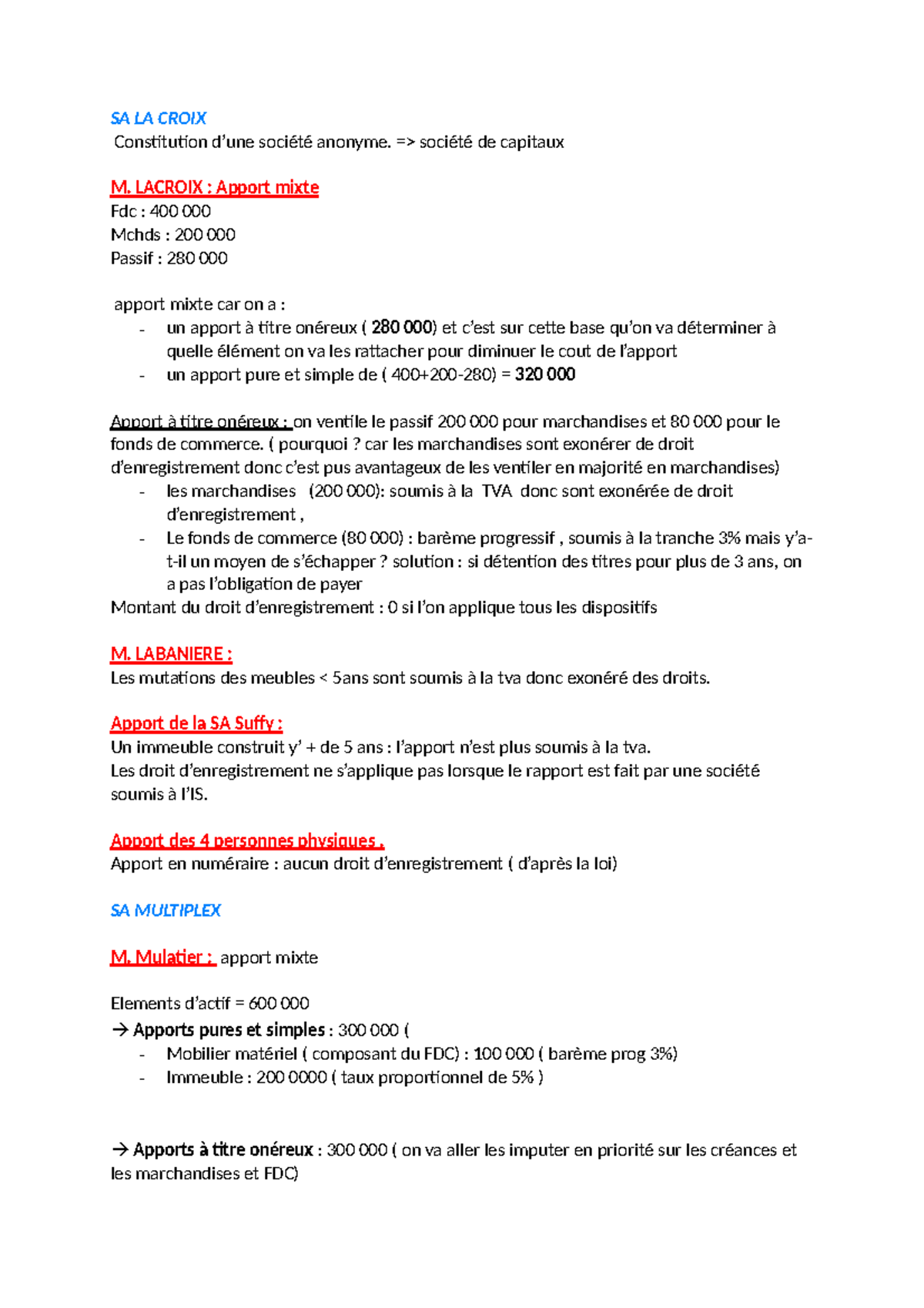 Droit Fiscal Correction TD2 - SA LA CROIX Constuon d9une société ...