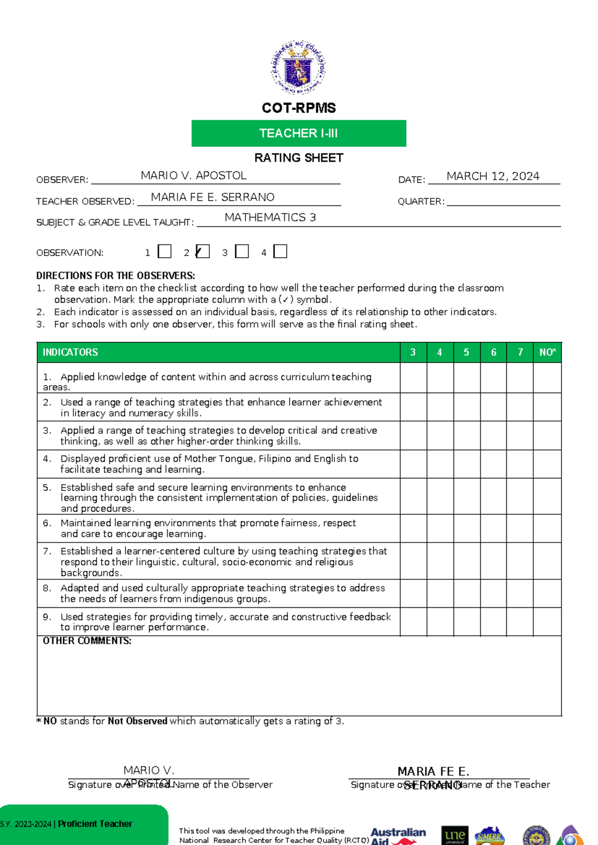COT ORM - NOTES - COT-RPMS RATING SHEET OBSERVER: DATE: TEACHER ...