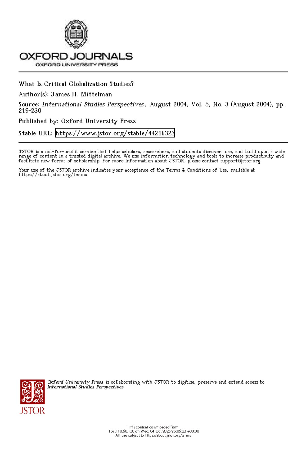 James H. Mittelman, What Is Critical Globalization Studies - What Is ...