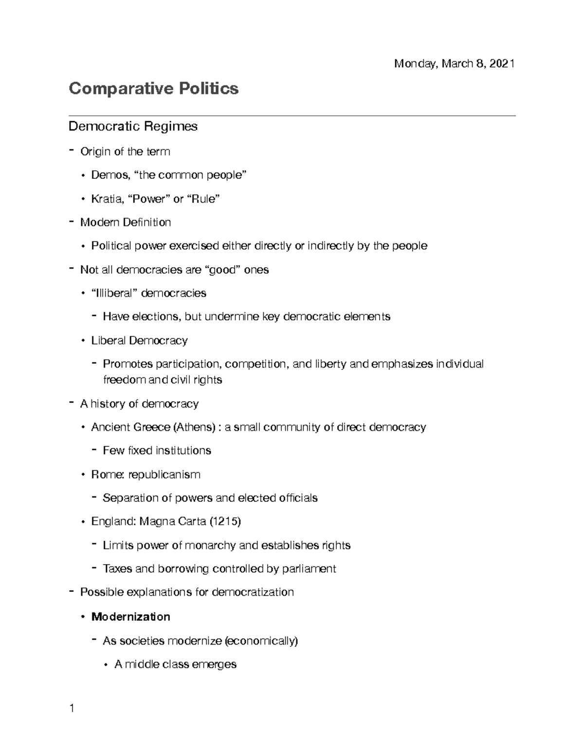 Democratic Regimes - Professor John Link - Comparative Politics ...