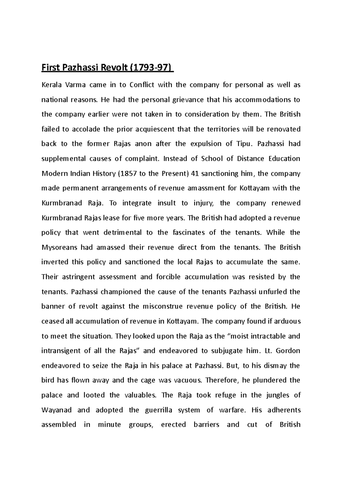 034 Indian history First and second Pazhassi Revolt calicut university ...