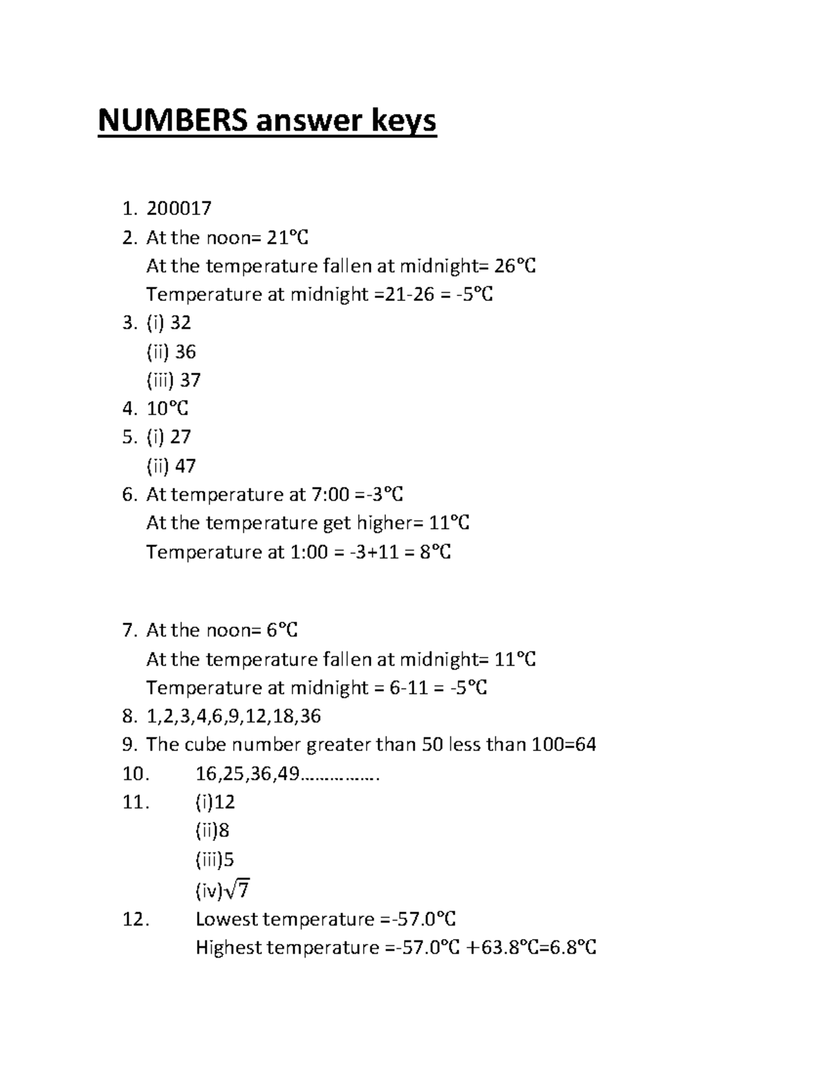 Numbers answer keys - NUMBERS answer keys 1. 200017 At the noon= 21°C ...