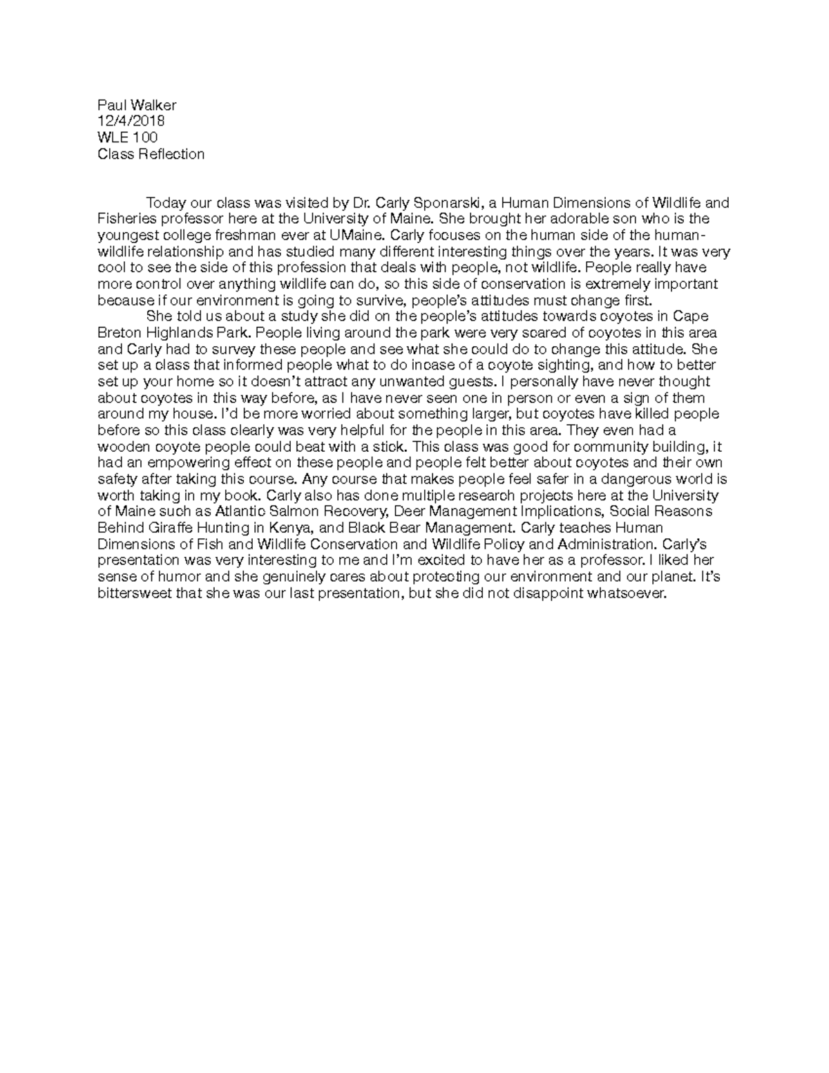 Last WLE - Weekly reflection - Paul Walker 12/4/ WLE 100 Class ...