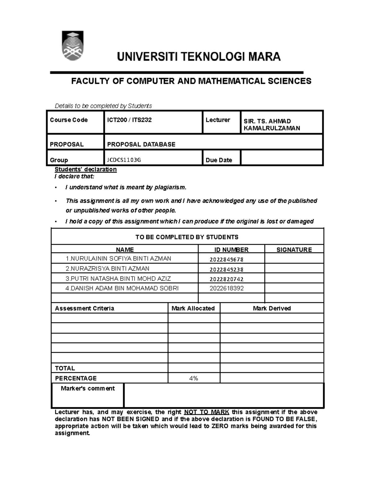 Proposal ICT200 - FACULTY OF COMPUTER AND MATHEMATICAL SCIENCES Details to be completed by ...
