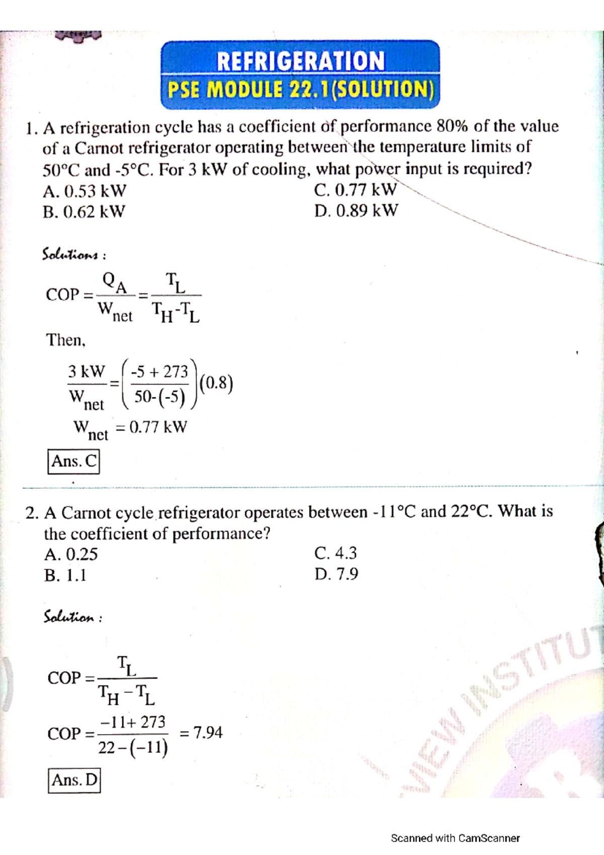 Refrigeration Solution - REFRIGERATION PSE MODULE 22. (SOLUTION) 1. A ...