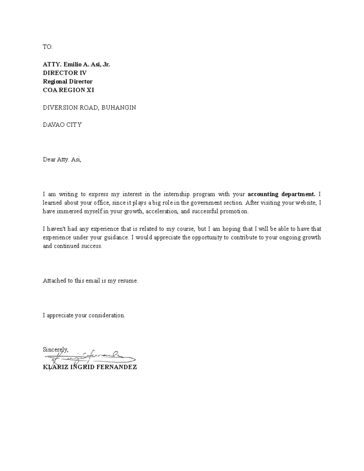 Application Letter - Hehehehee - TO: ATTY. Emilio A. Asi, Jr. DIRECTOR ...