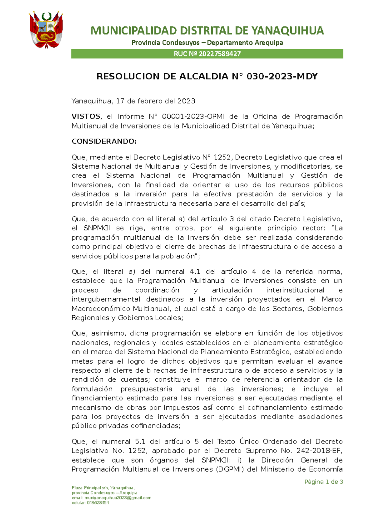 Resolucion DE Alcaldia PMI 2024-2026 - yanaquihua - MUNICIPALIDAD ...