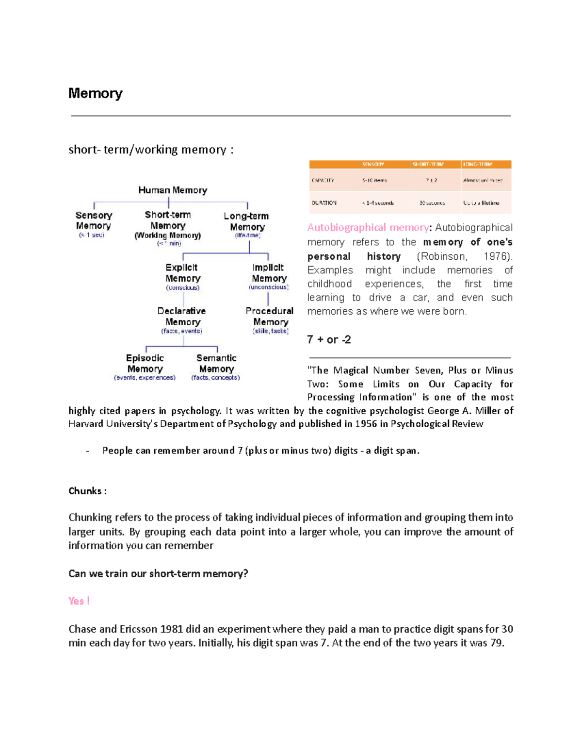 WEEK 7 - Memory - Memory short- term/working memory : Autobiographical ...