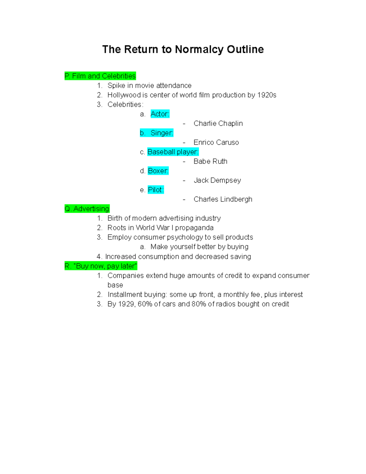 United States History since 1877-1920s Return to normalcy Outline Notes ...