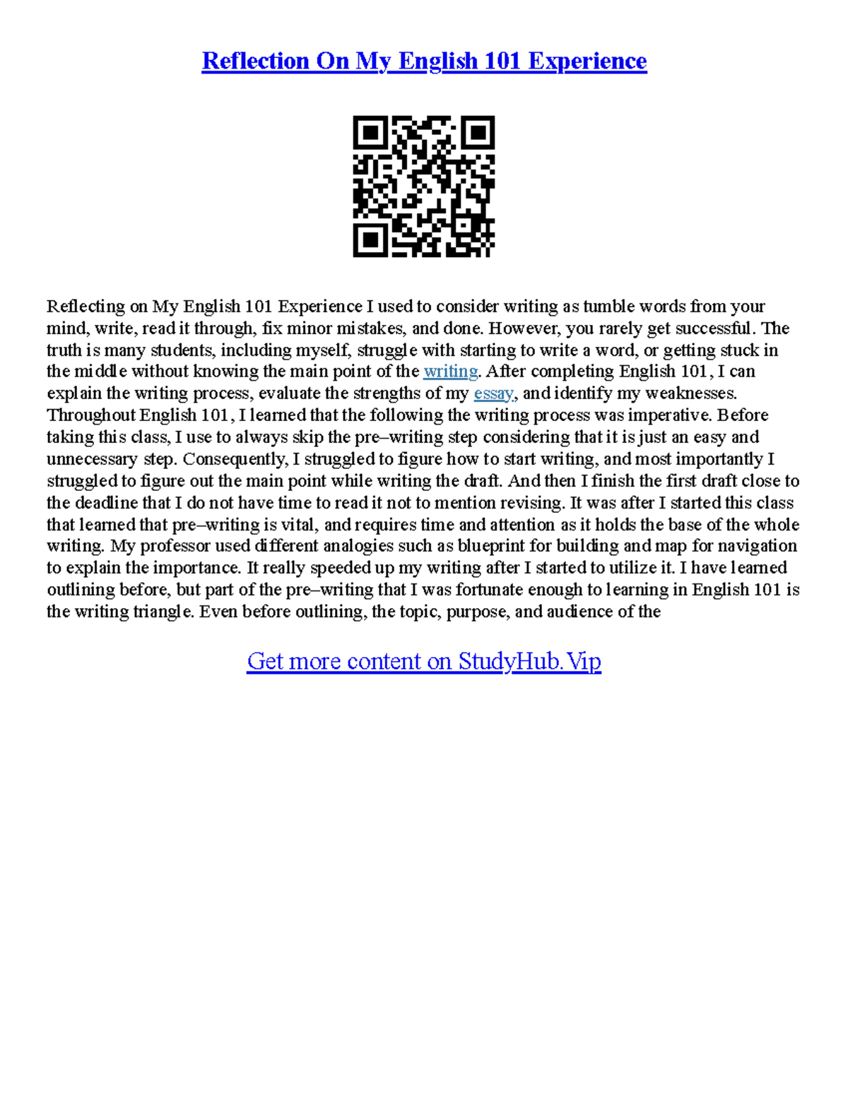 Opinion Essays Examples - Reflection On My English 101 Experience Reflecting on My English 101 ...