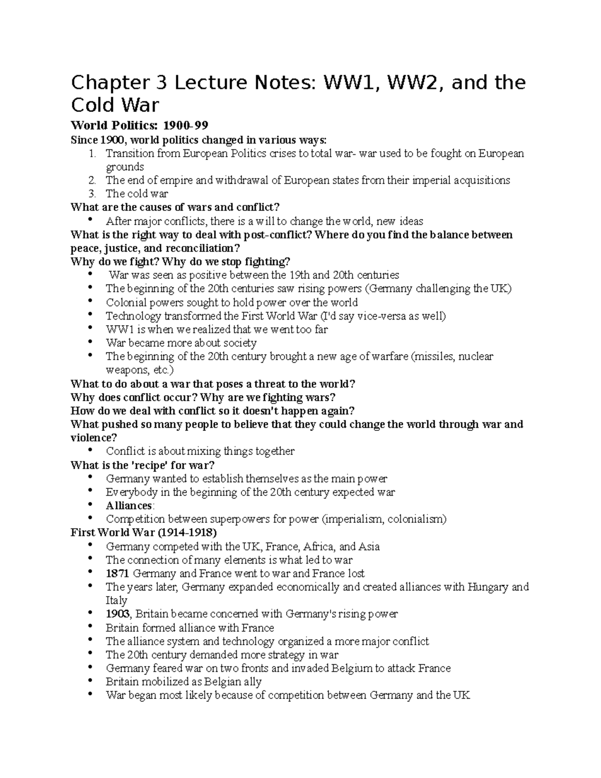 ECH 1100 Chapter 3 textbook notes - Chapter 3 Lecture Notes: WW1, WW2 ...