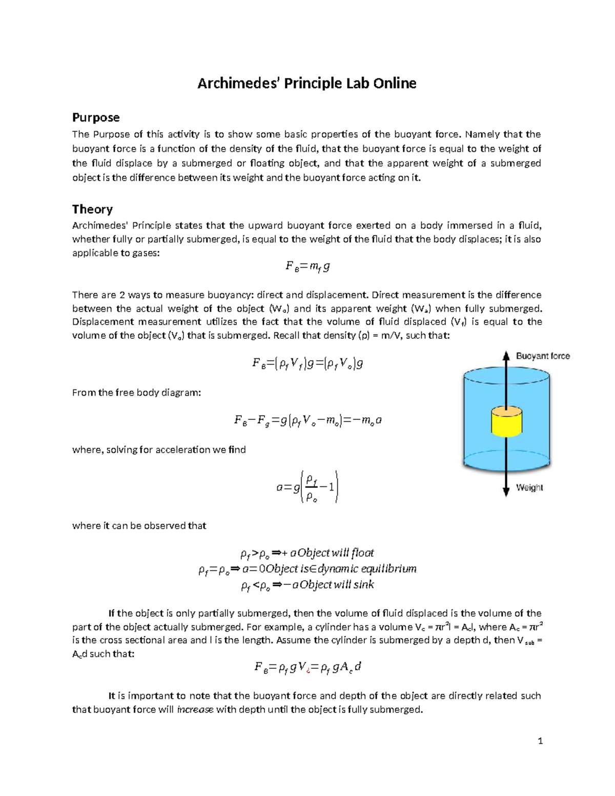Fall Archimedes' Principle Lab - Archimedes’ Principle Lab Online ...