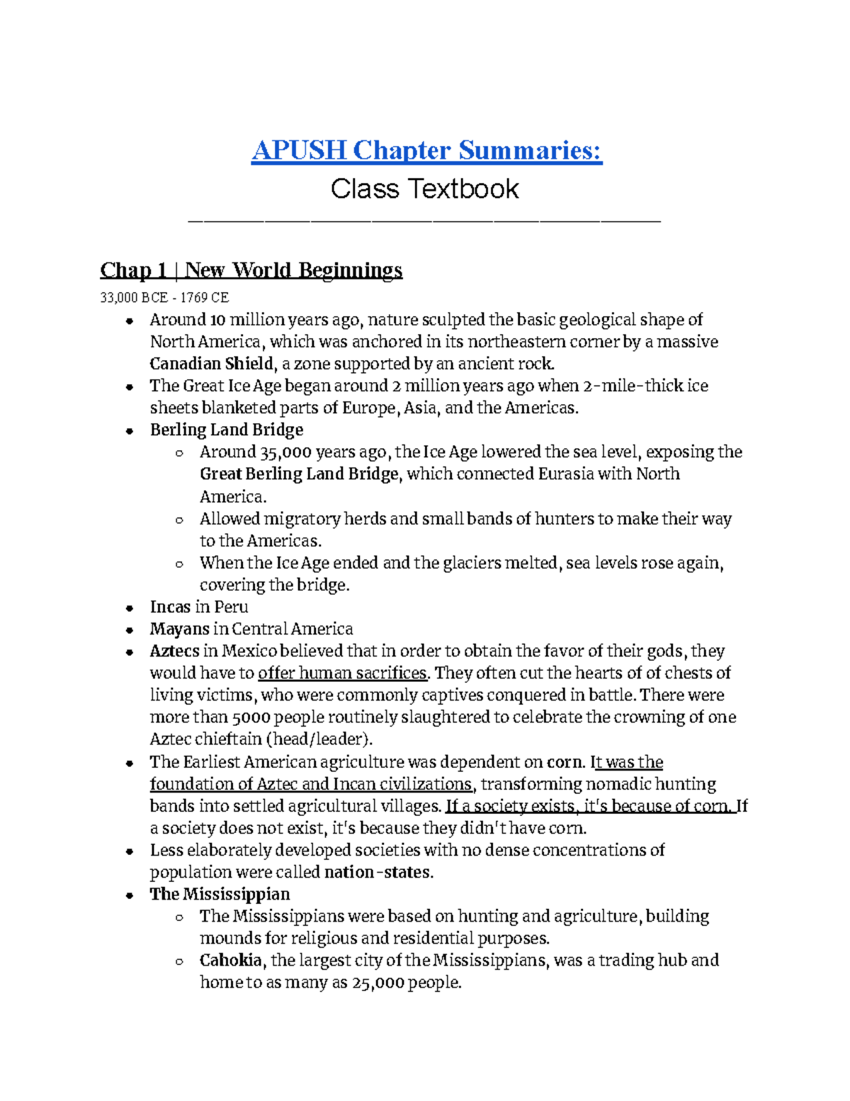 Apush Chapter Summaries - APUSH Chapter Summaries: Class Textbook