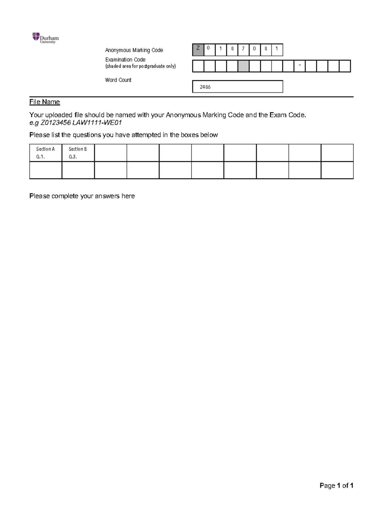 Exam Name Temp - Exam Template Format - Page 1 of 1 Anonymous Marking ...