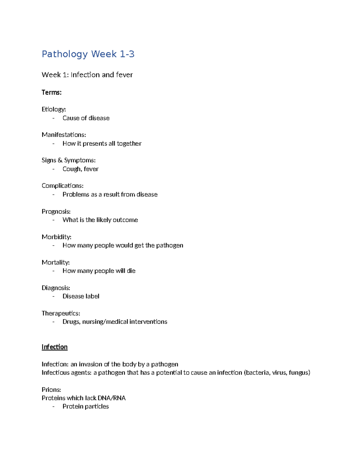 Pathology Week 1-3 - Pathology Week 1- Week 1: Infection and fever ...