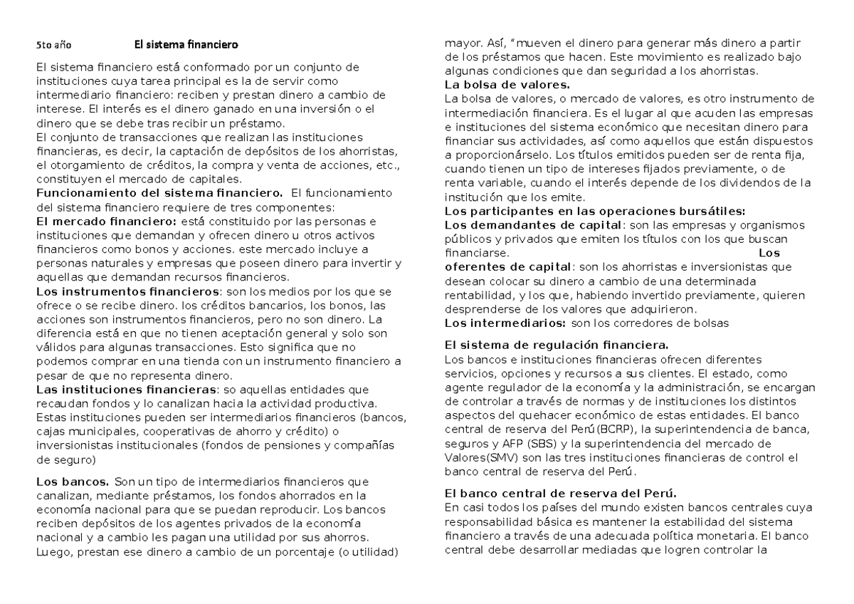 5to A o El Sistema Financiero 5to A o El Sistema Financiero El