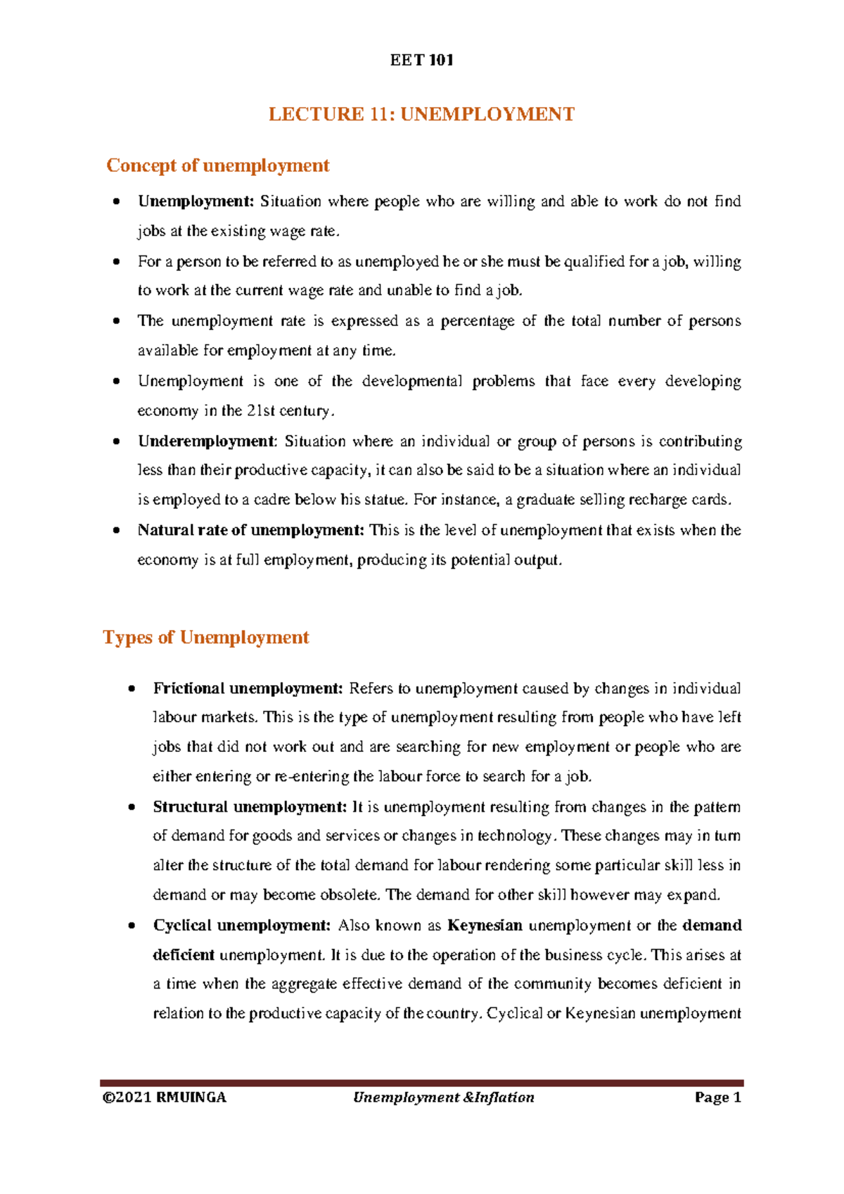 EET 101 Lecture Eleven E- Notes - LECTURE 11: UNEMPLOYMENT Concept of ...