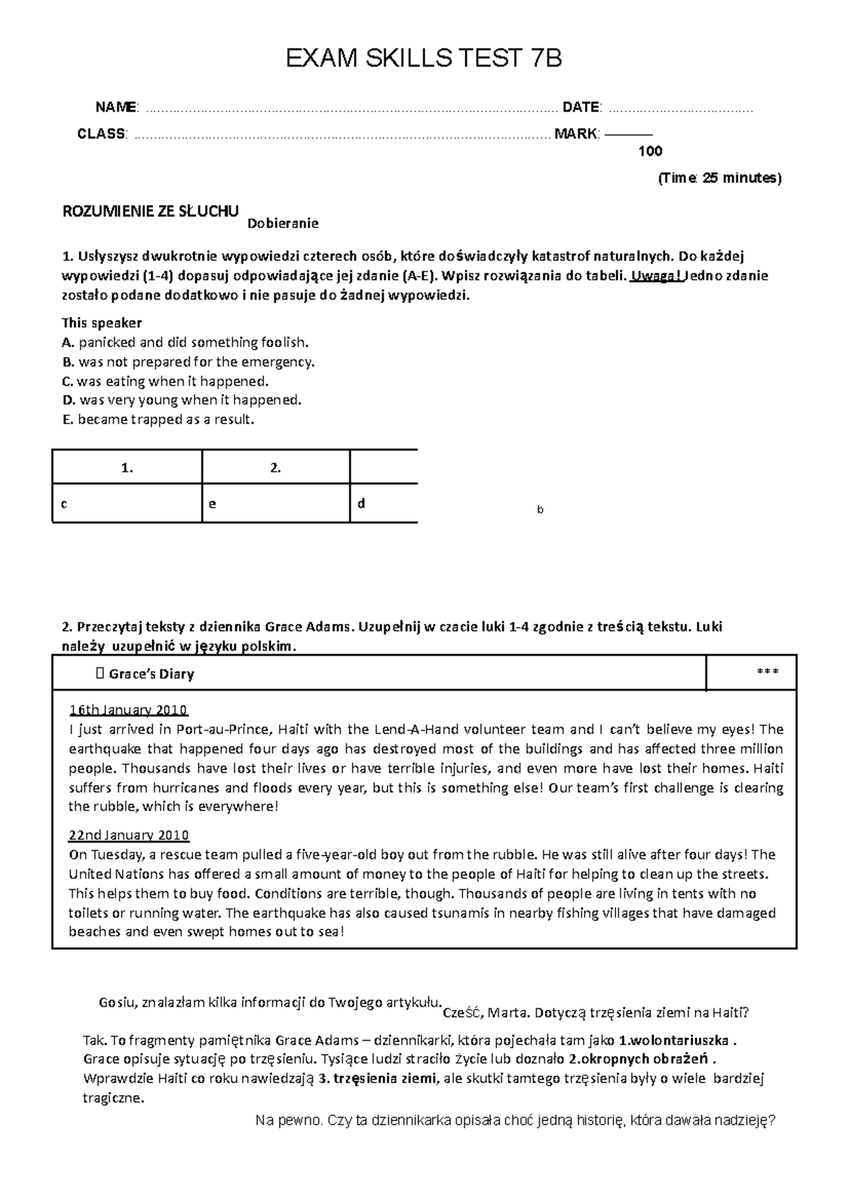 2 new enterprise b1 exam skills test 7b - EXAM SKILLS TEST 7B NAME ...