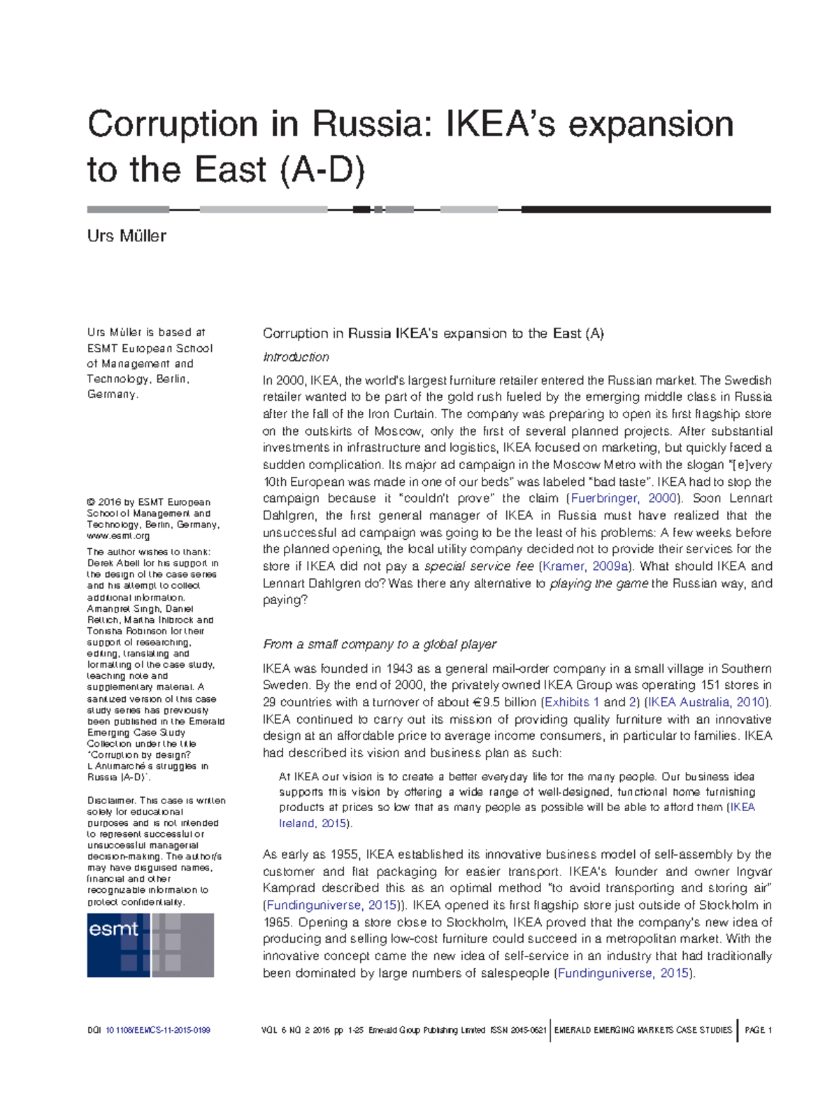 Week 10 Case Study Corruption in Russia- IKEAs expansion to the East (A ...
