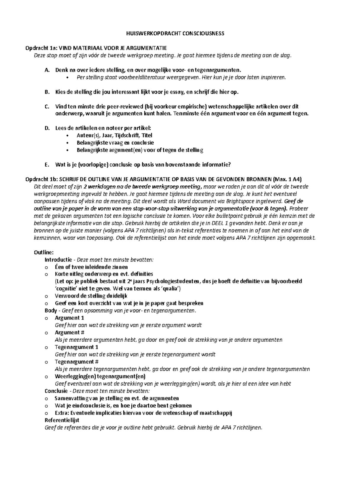 Opdracht 1 Essay opzet en voorbeeld - HUISWERKOPDRACHT CONSCIOUSNESS ...