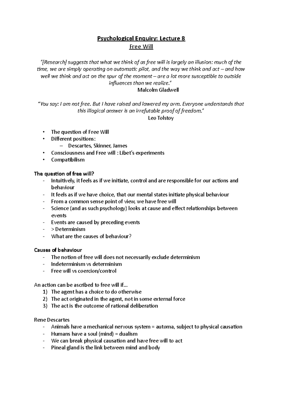 Psychological Enquiry Lecture 8 - Free Will - Psychological Enquiry ...