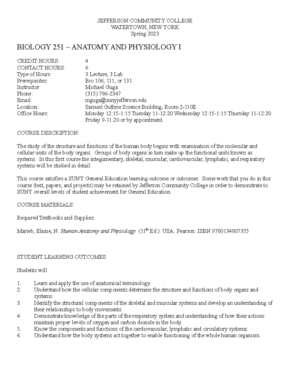 BIO 251 Syllabus Spring 2023(1) - JEFFERSON COMMUNITY COLLEGE WATERTOWN ...