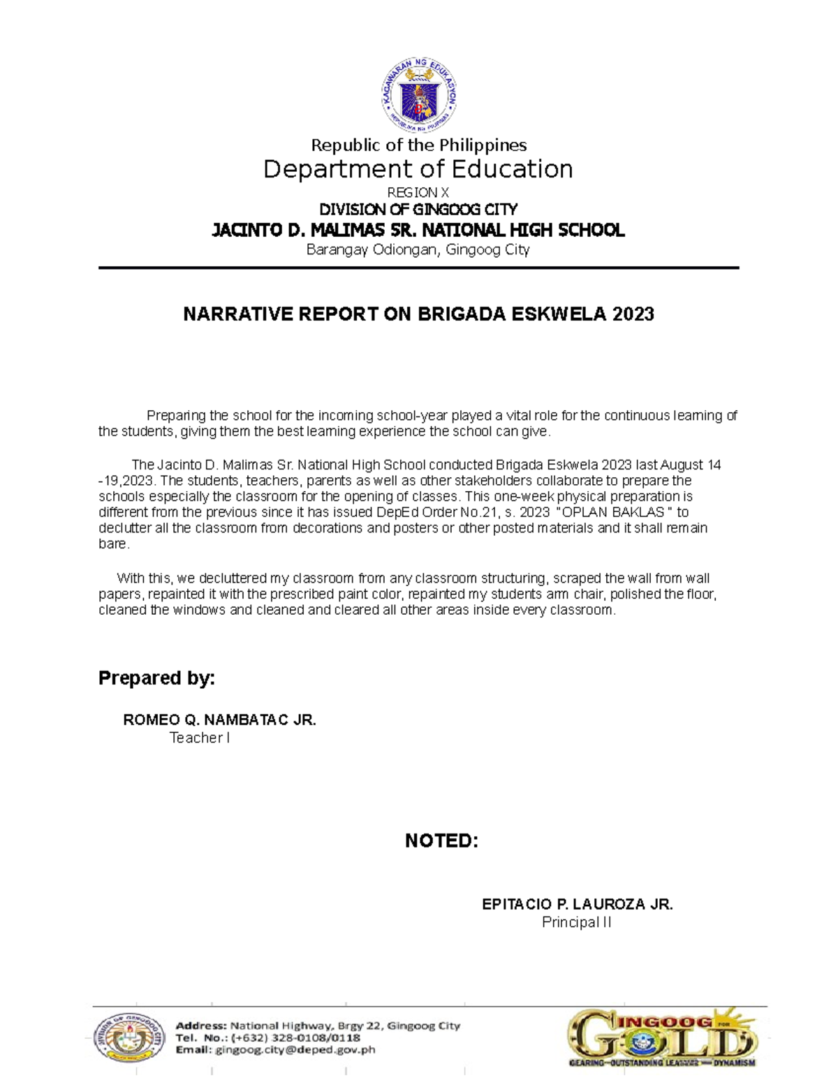 Narrative- Report brigada 2023 - B Republic of the Philippines ...
