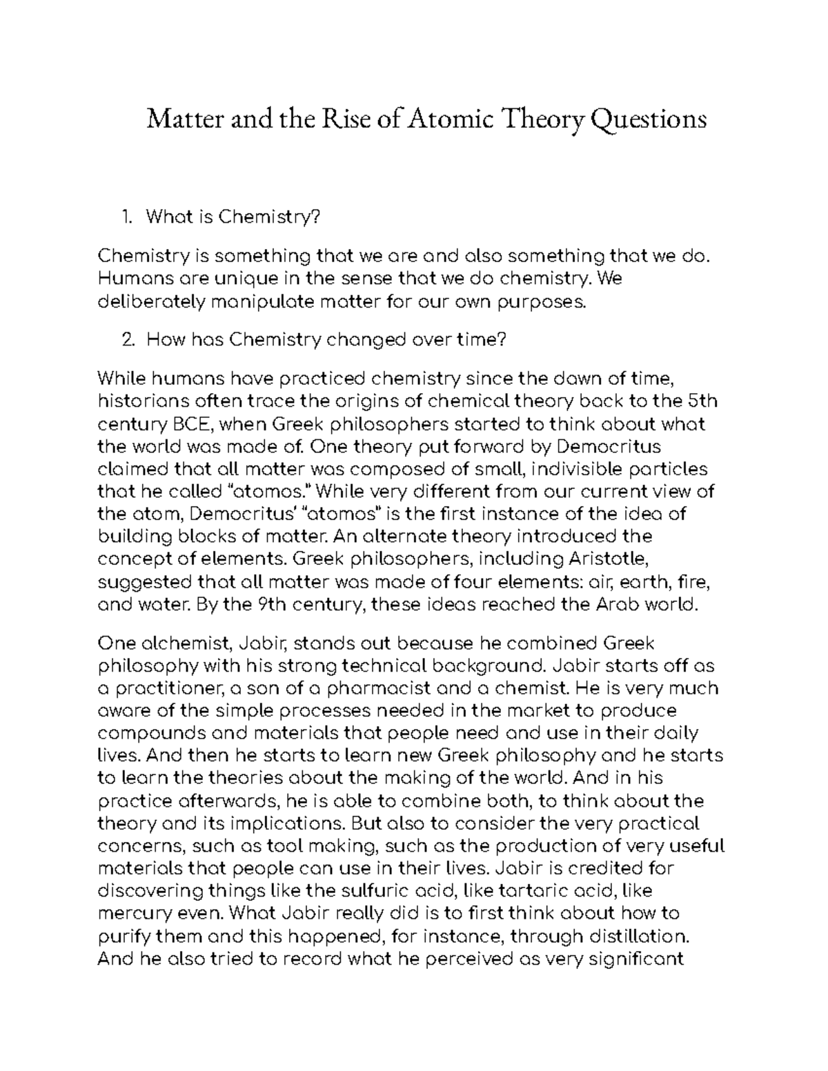 Untitled document - Matter and rise of atomic theory questions for ...