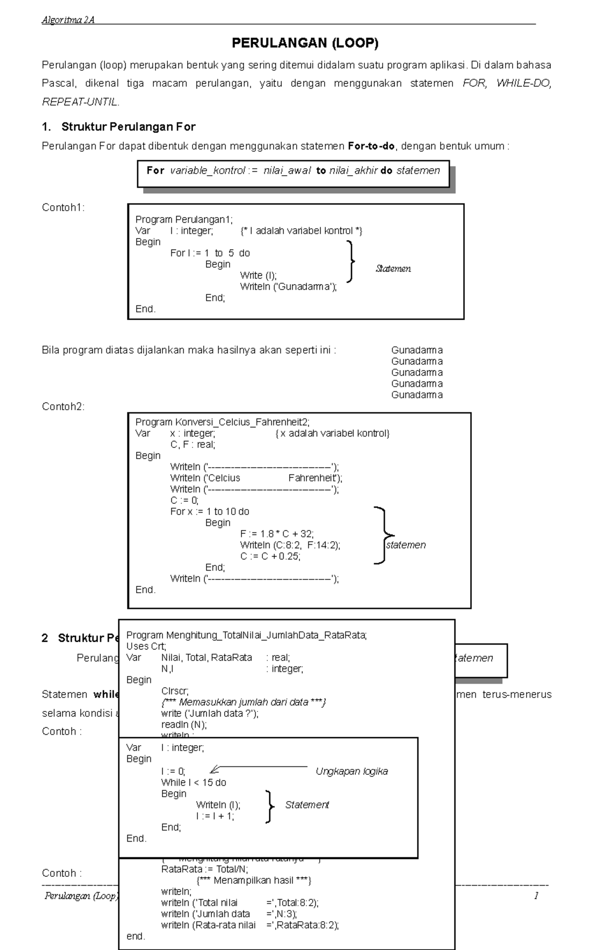 LOOP (Perulangan) - Algoritma 2A PERULANGAN (LOOP) Perulangan (loop) merupakan bentuk yang ...