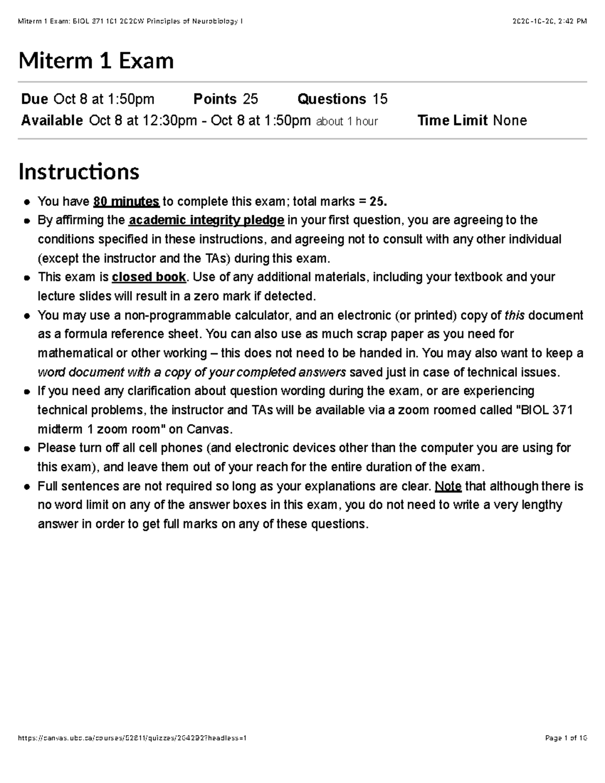 Midterm 1 Exam: BIOL 371 101 2020W Principles of Neurobiology I ...