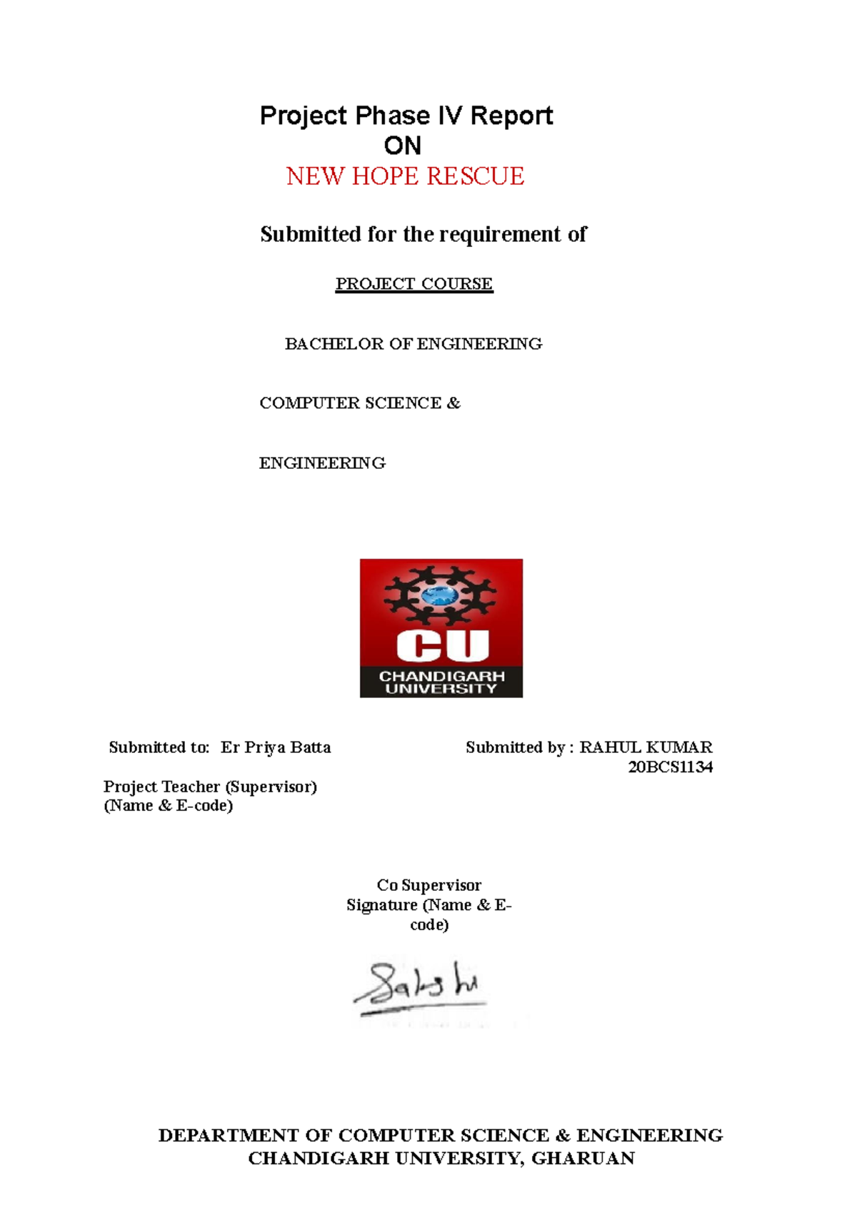 20BCS1134 Phase 4 Project - Project Phase IV Report ON NEW HOPE RESCUE Submitted for the ...