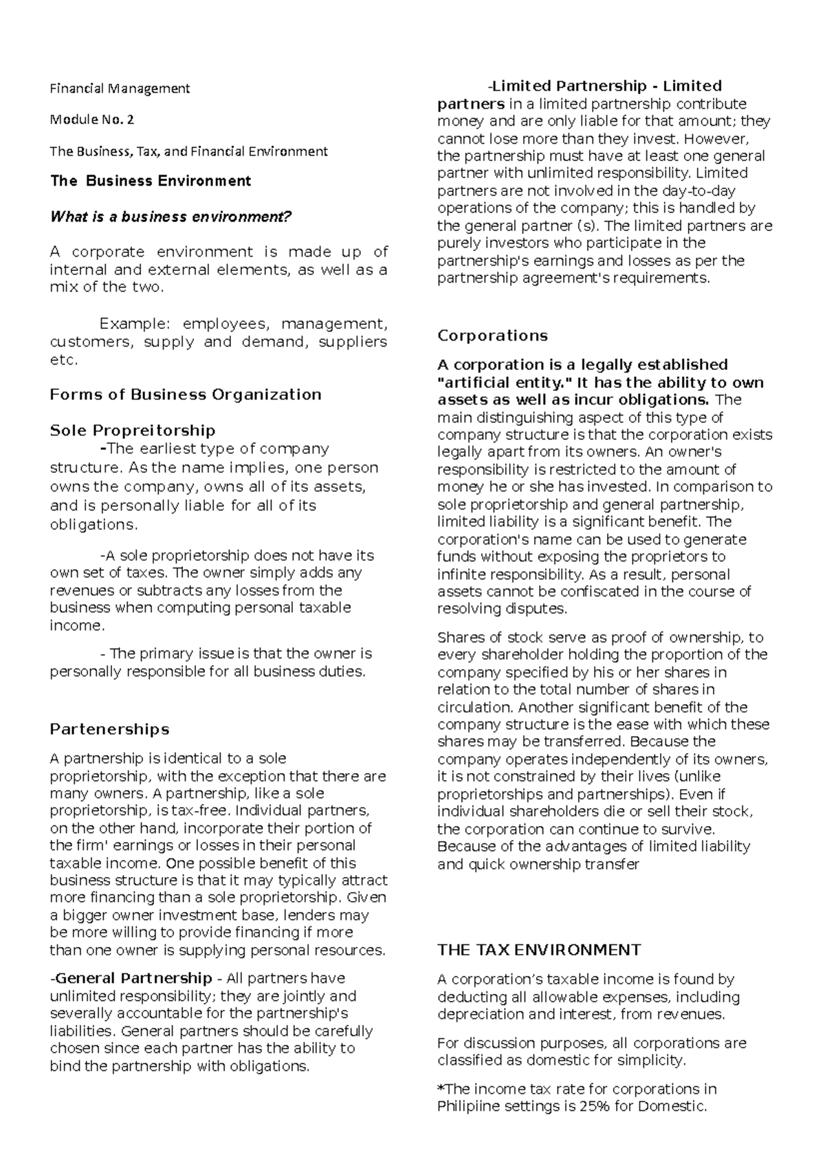 Financial Management - Financial Management Module No. 2 The Business ...