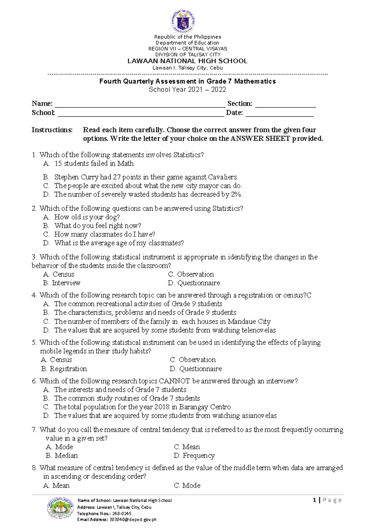 G7 Q4 Summative-Test In Mathematics Requinto - Department of Education ...