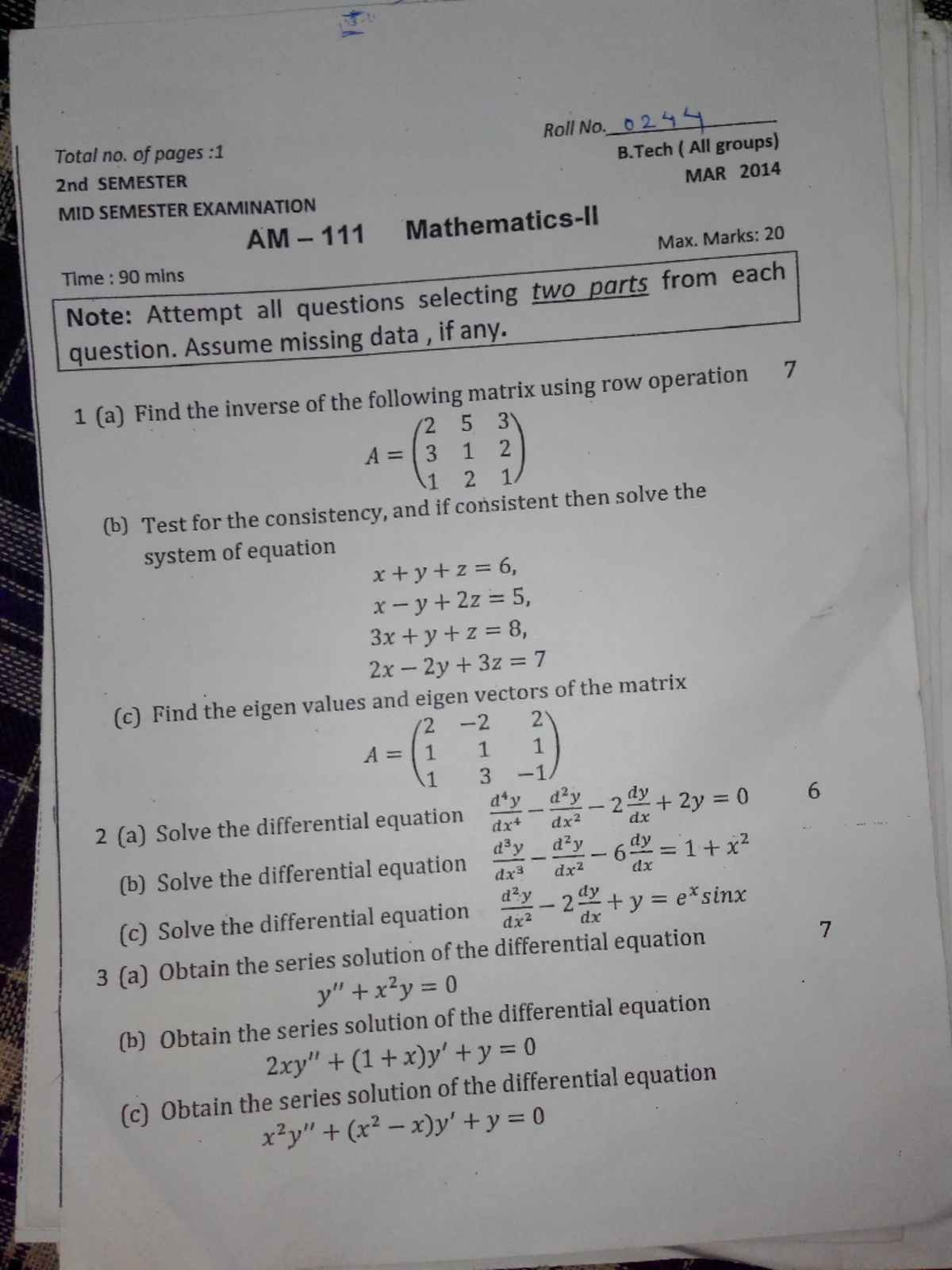 Maths 2014 MAR MID - Questions on mathematics 2 - Studocu