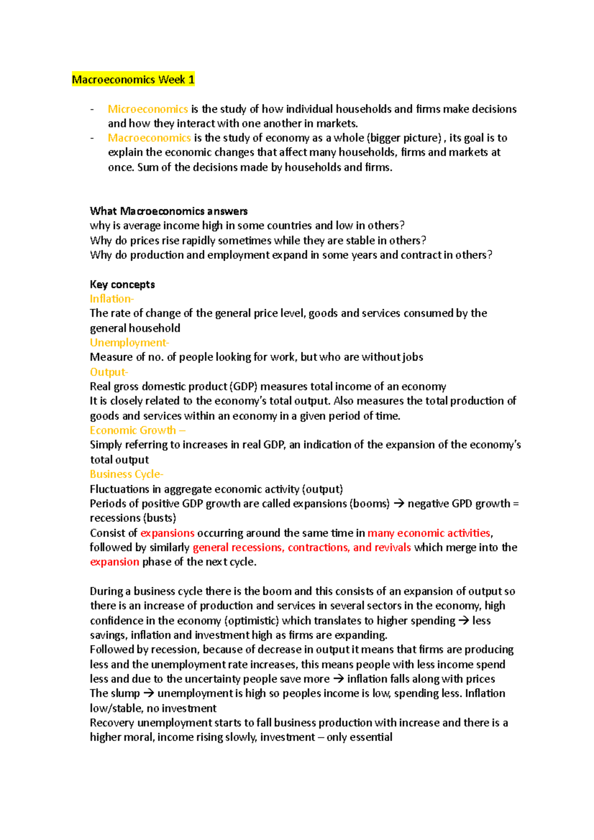Macroeconomics Week 1 - week 1 - Macroeconomics Week 1 Microeconomics ...